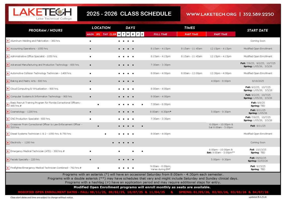Class Schedule Lake Technical College | Click here to view a PDF of the schedule below.