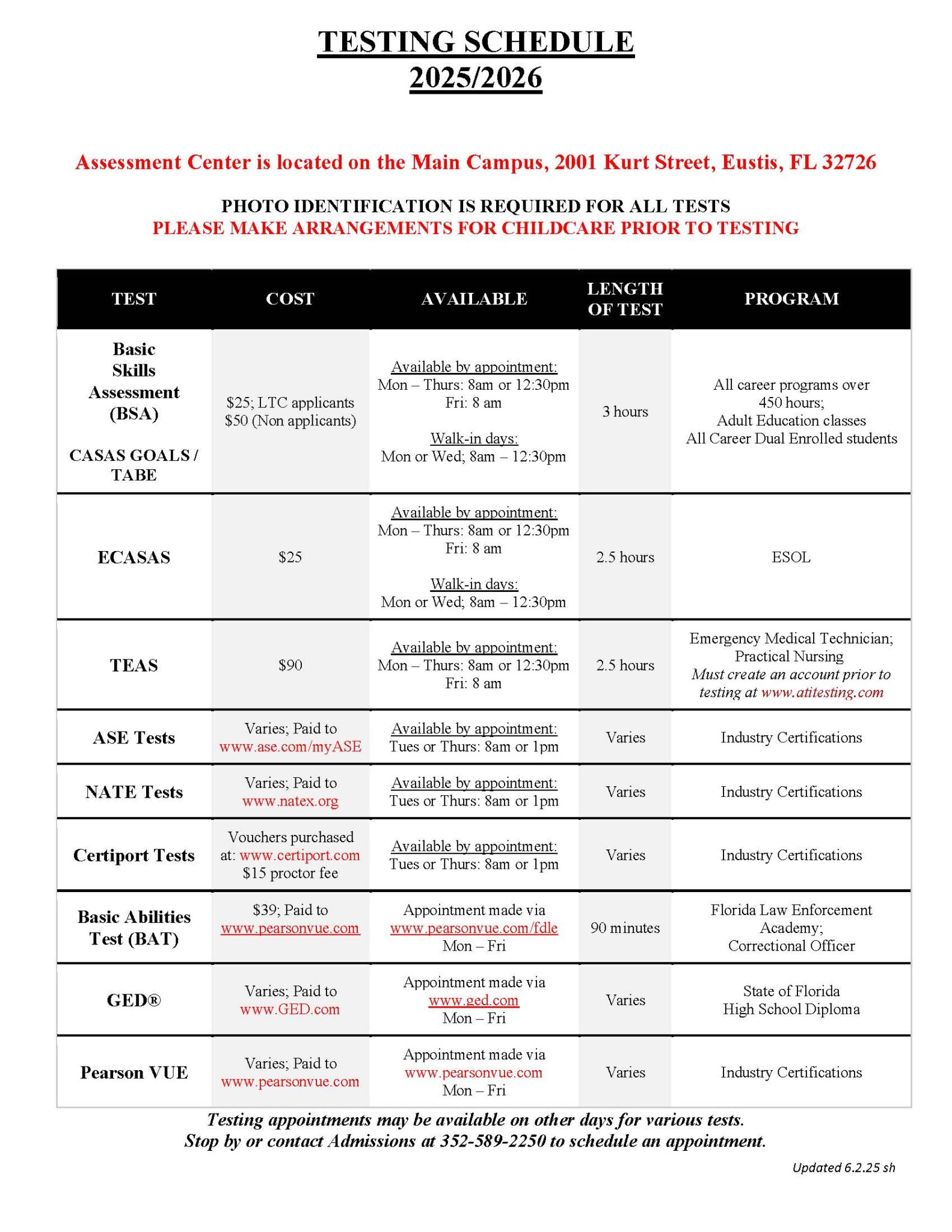 Assessment Center Test Options Lake Technical College