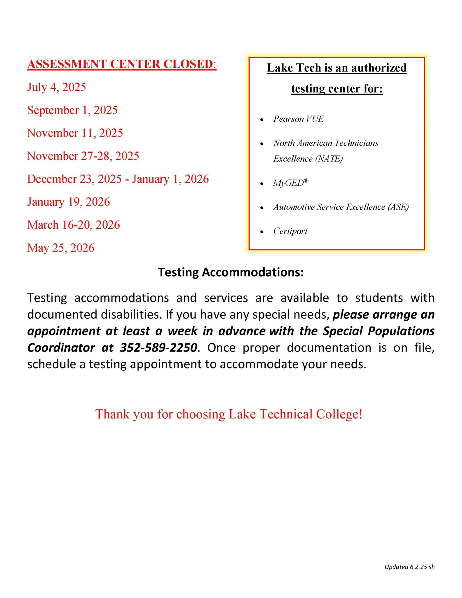 Assessment Center Test Options Lake Technical College