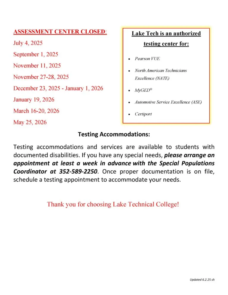 Assessment Center Test Options Lake Technical College