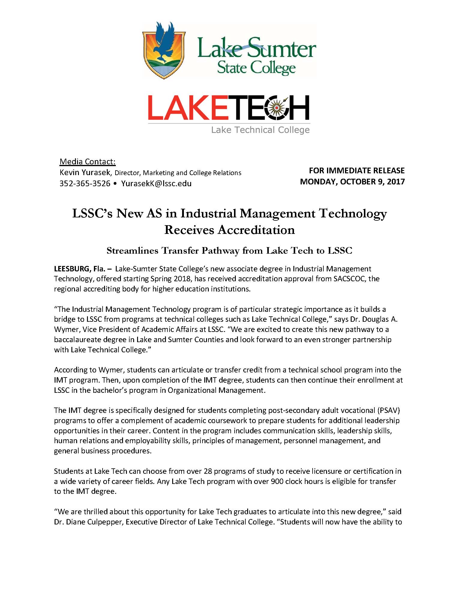 LSSC’s New AS in Industrial Management Technology Receives Accreditation